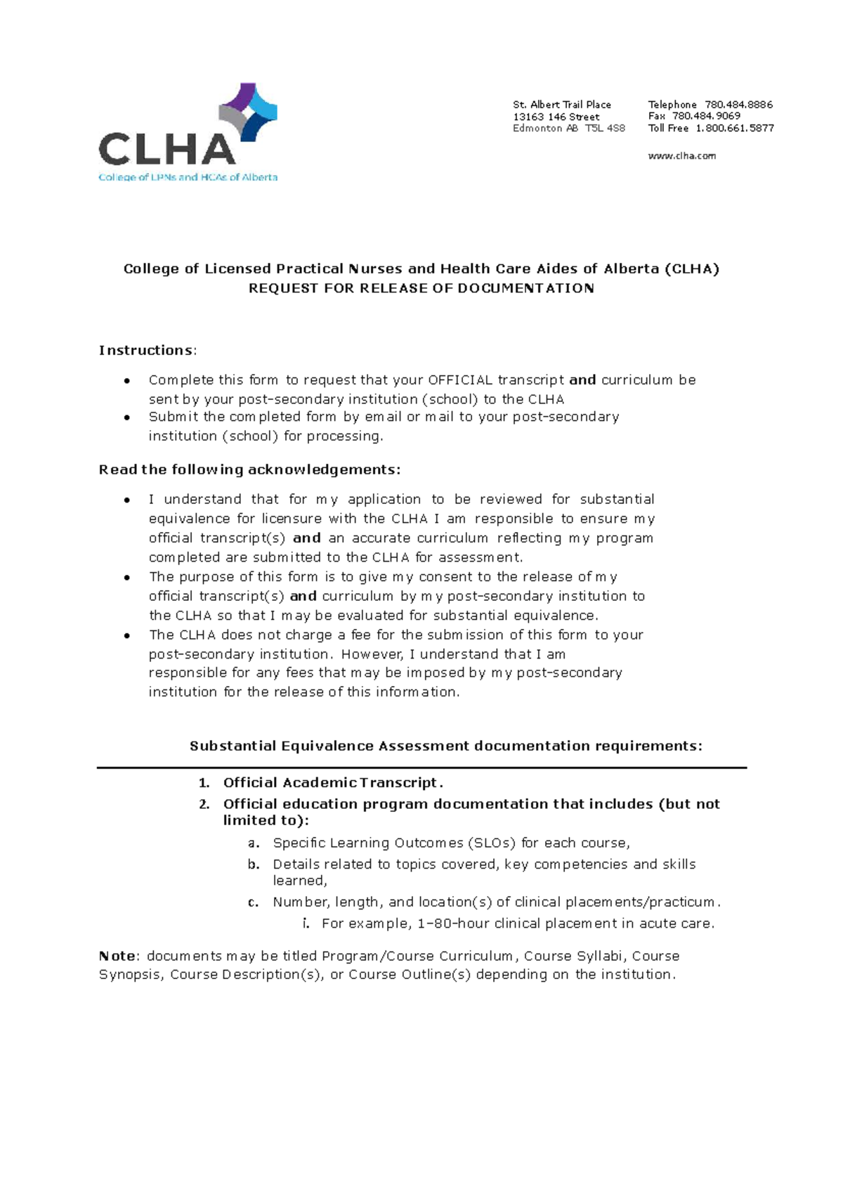 CLHA HCA Education Request Form for Transcript Release - Studocu