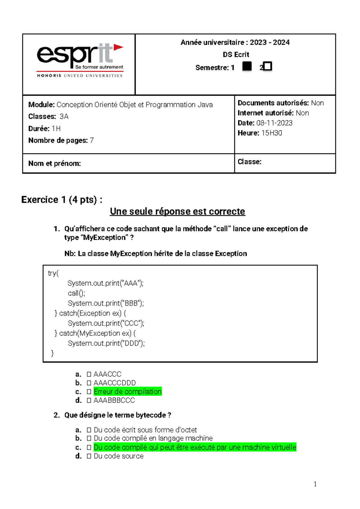 DS Java 3A S1 2324 - Exercice et Corrigé de Programmation Orientée Objet - Studocu