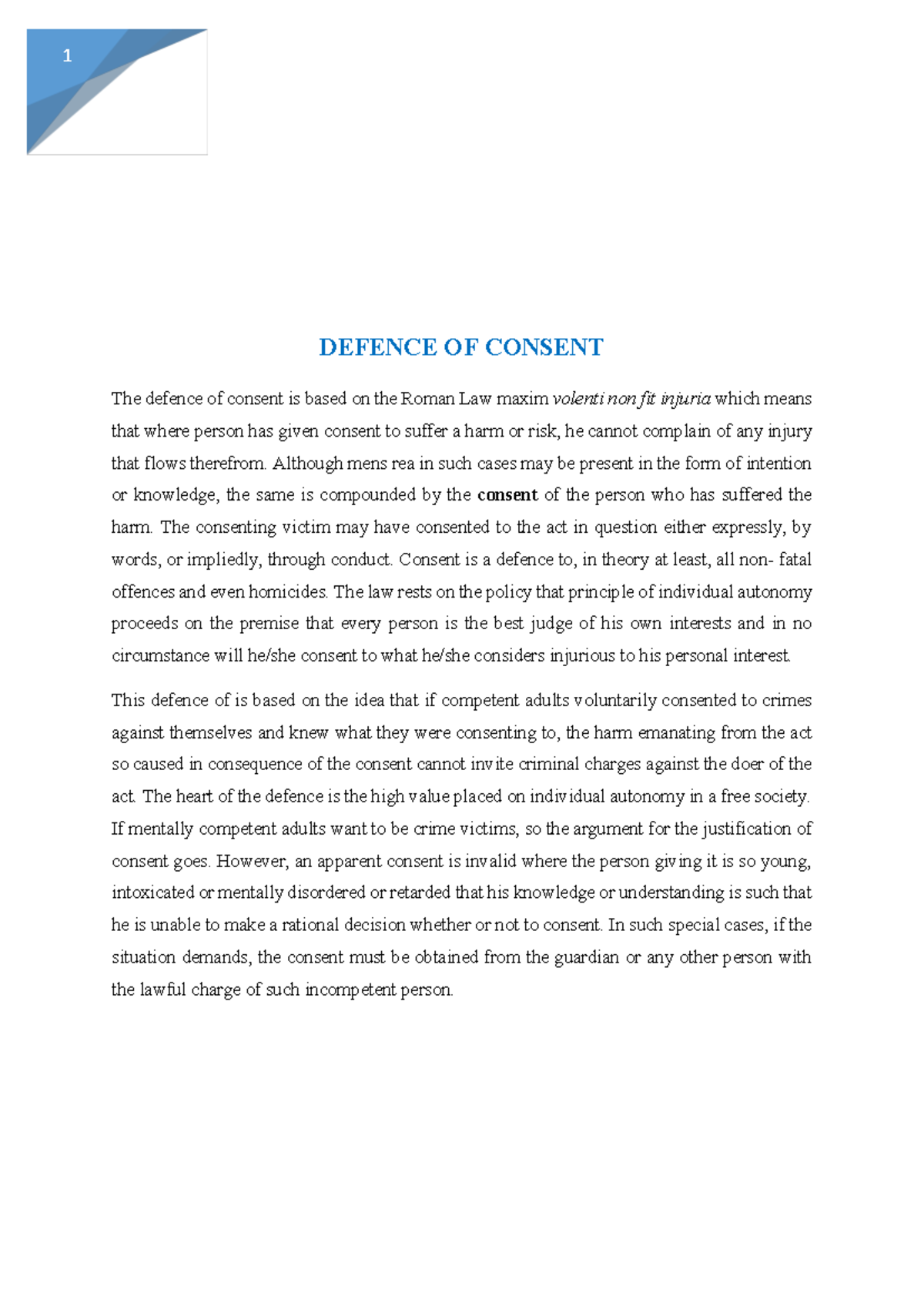 Defence of Consent in Criminal Law: An Overview (Law 101) - Studocu