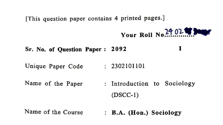B.A. (Hons) Sociology Sem I Exam QP - Introduction to Sociology - Studocu