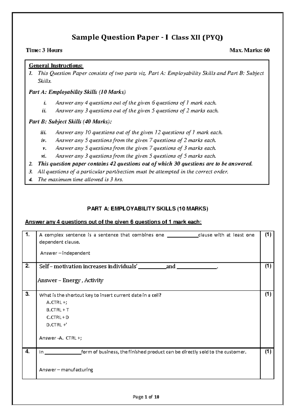 Sample Question Paper I Class XII (PYQ) - Employability & Subject ...