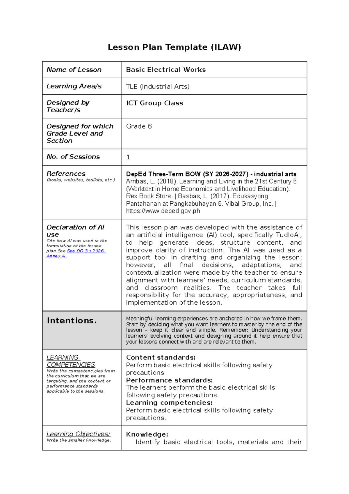 ILAW Lesson Plan: Basic Electrical Works for Grade 6 TLE - Studocu