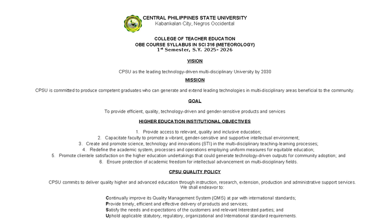 CPSU SCI 316 Meteorology Course Syllabus - 1st Sem, S.Y. 2026 - Studocu