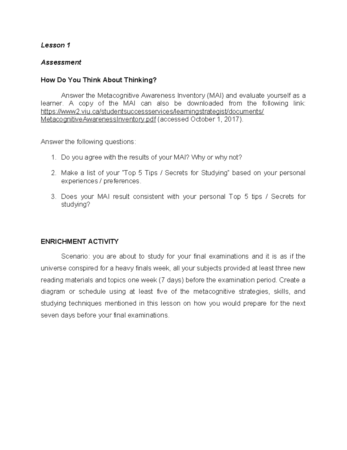 Assessments for chapter 3 - Lesson 1 Assessment How Do You Think About ...