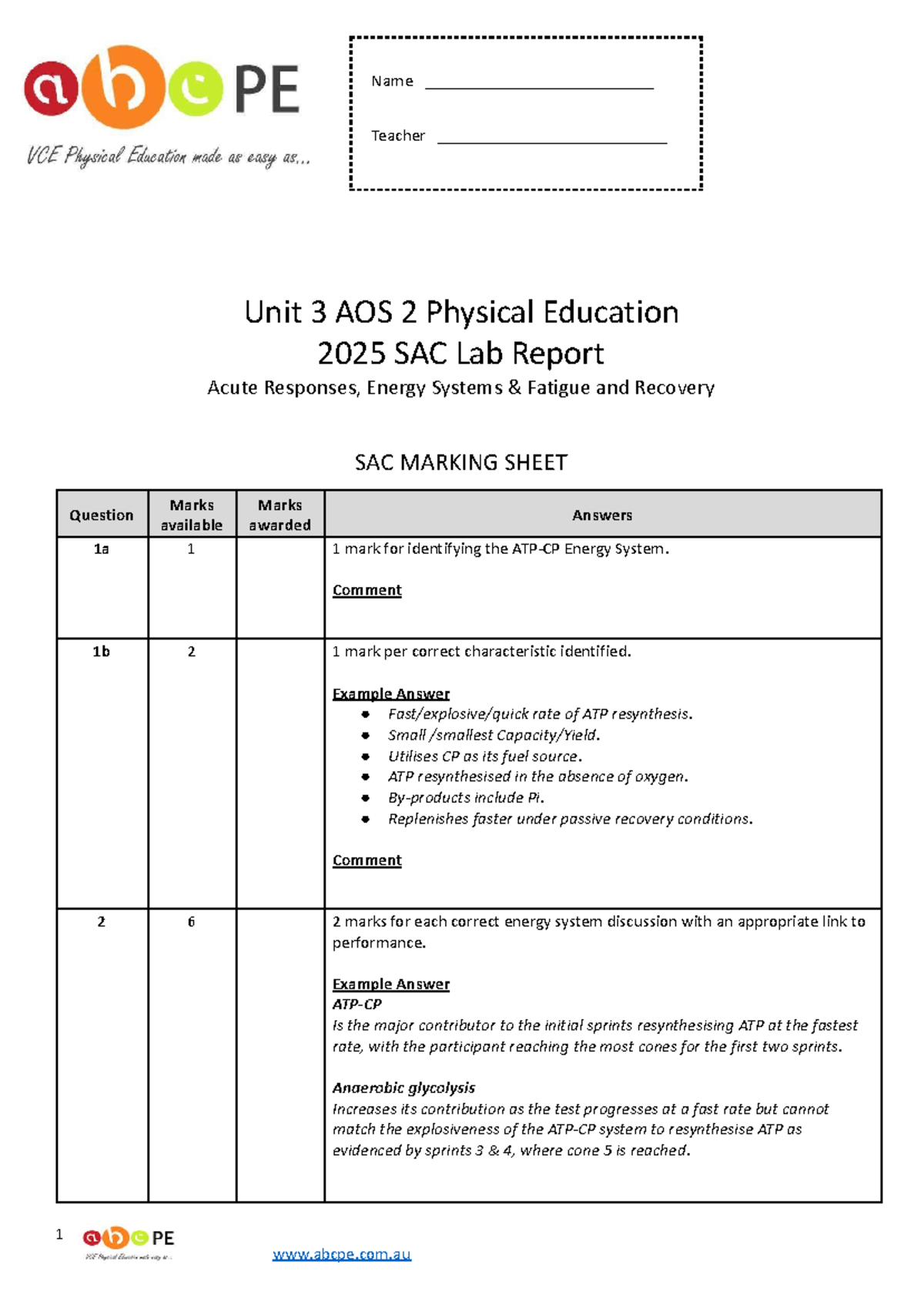 Unit 3 AOS 2 Physical Education 2025 SAC Lab Report: Energy Systems ...