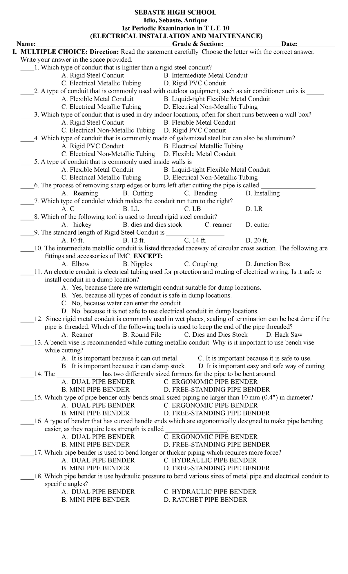 TLE 10 Electrical Installation AND Maintenance 1st Periodic Exam 2022-2023 - SEBASTE HIGH SCHOOL ...