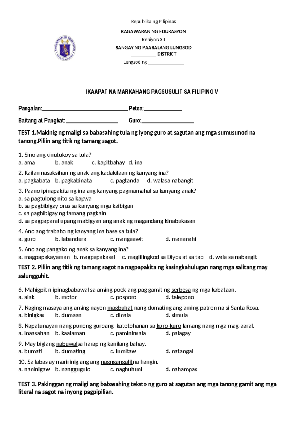 PT Filipino V - Fourth Quarter Exam Review and Test Questions - Studocu
