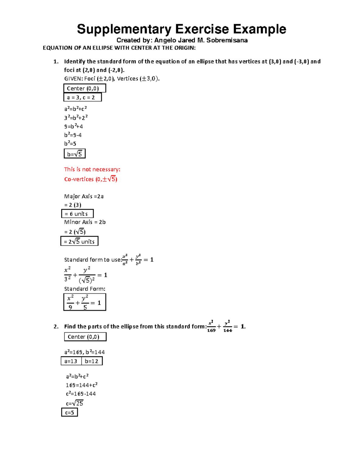 Supplementary Exercises FOR Ellipse - (G1) Created By Sobremisana ...