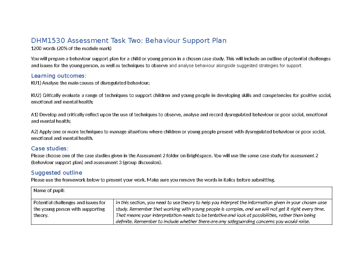 DHM1530 Assessment 2: Behaviour Support Plan for Young People - Studocu
