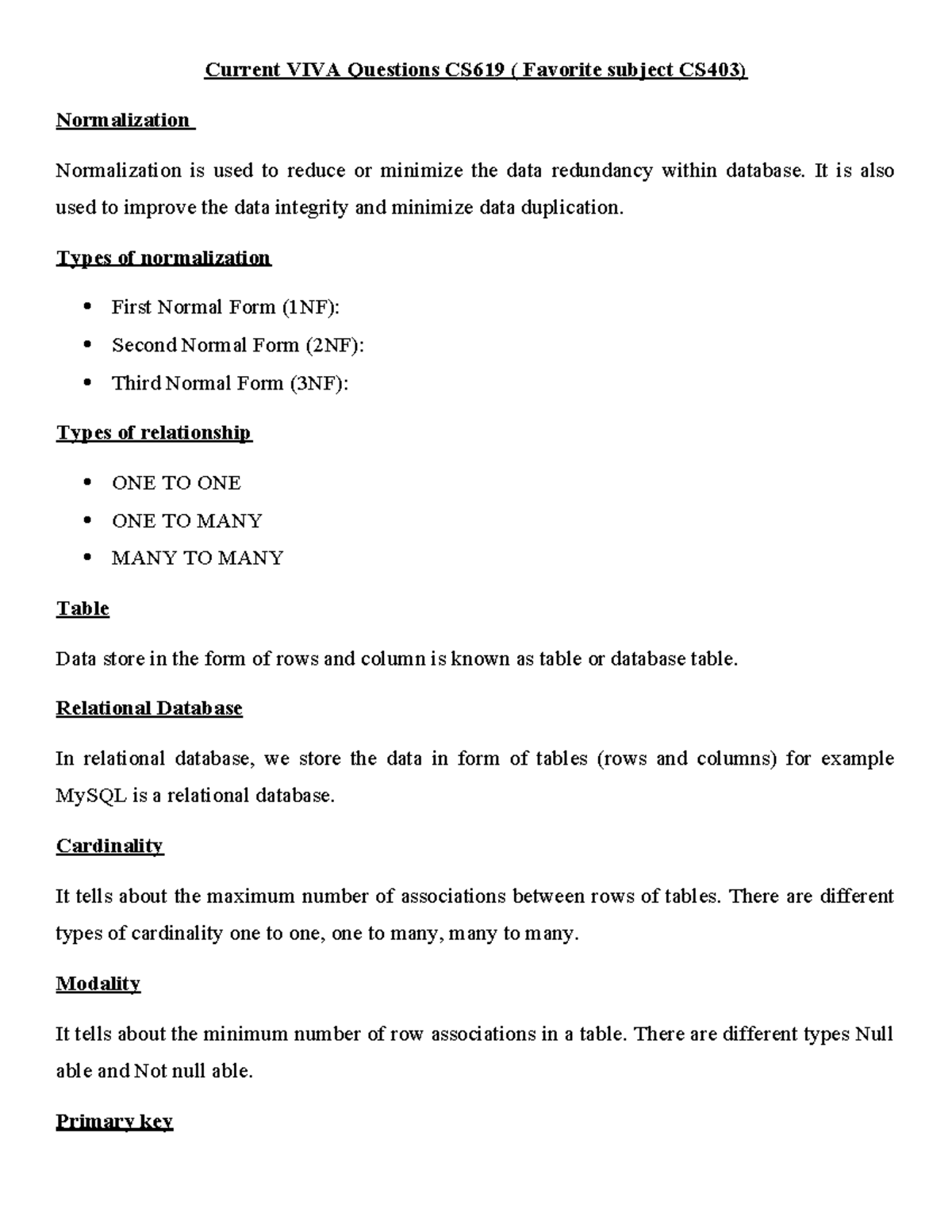 Current VIVA Questions on Normalization for CS619 and CS403 - Studocu