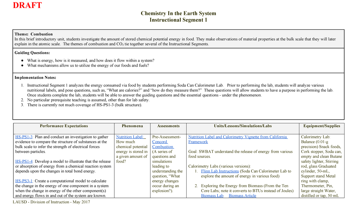Chemistry IS1: Combustion and Energy in Food - Instructional Segment ...