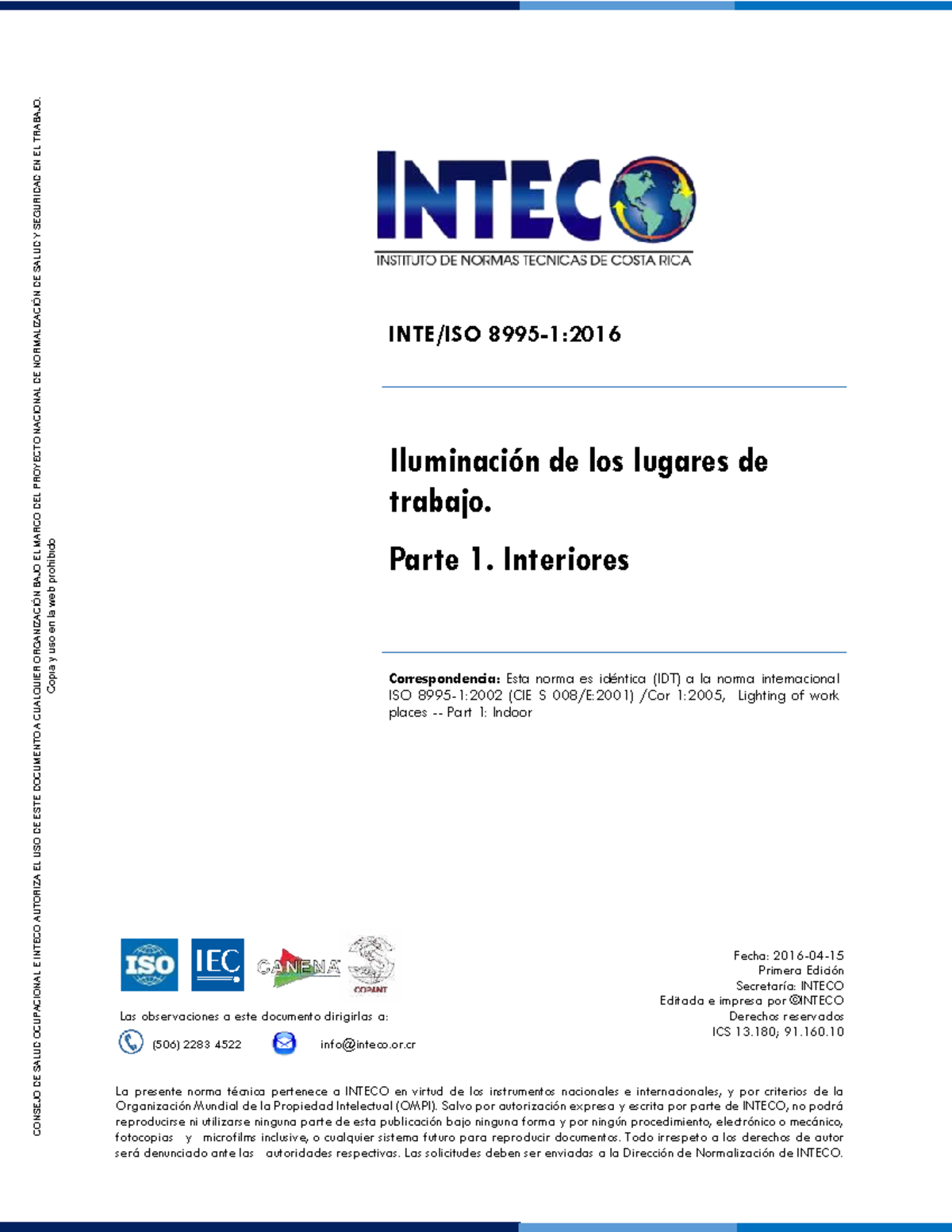 INTE ISO 8995-1:2016 Normativa sobre Iluminación en Espacios de Trabajo ...