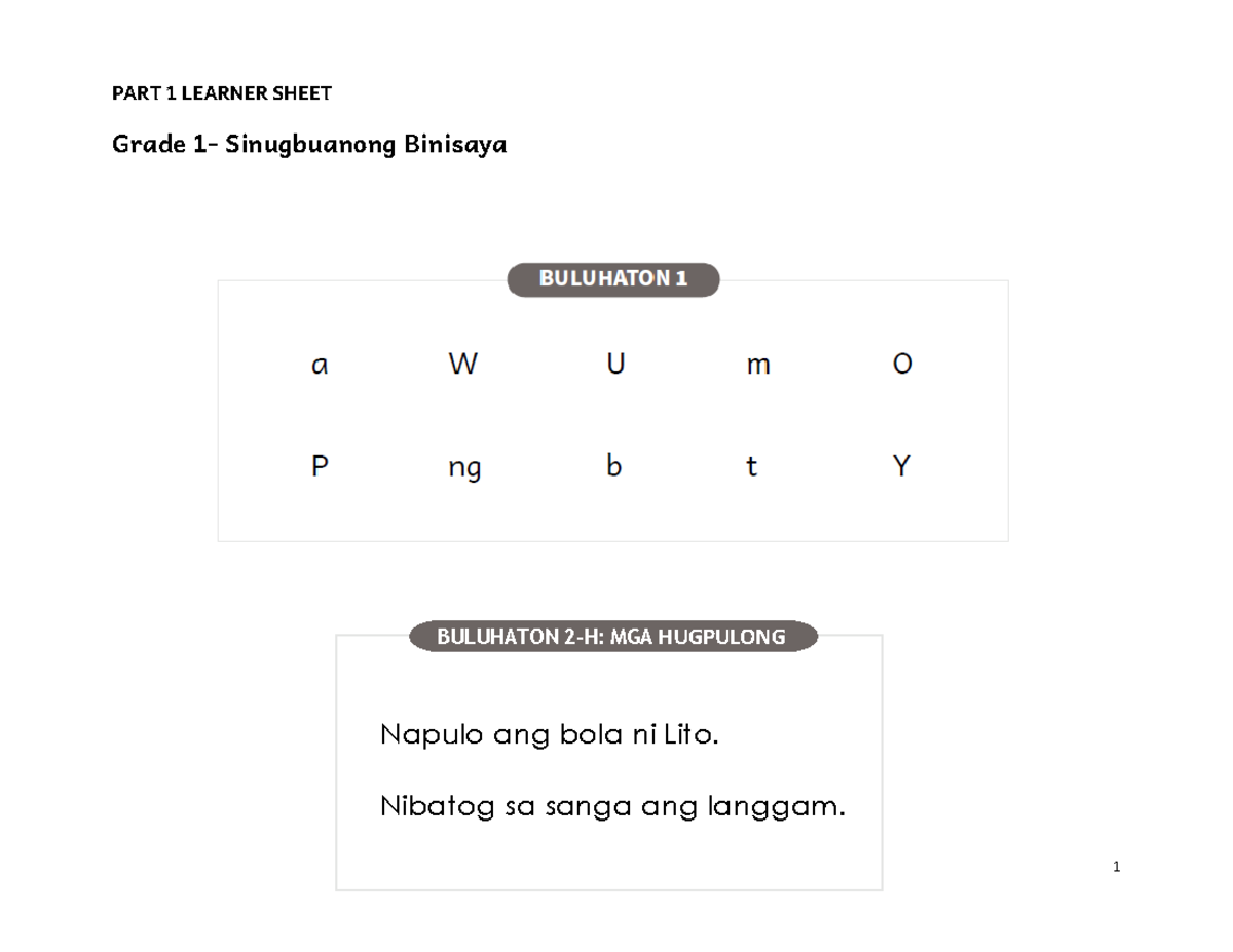 Grade 1 Sinugbuanong Binisaya Learner Worksheet: Rhymes & Stories - Studocu