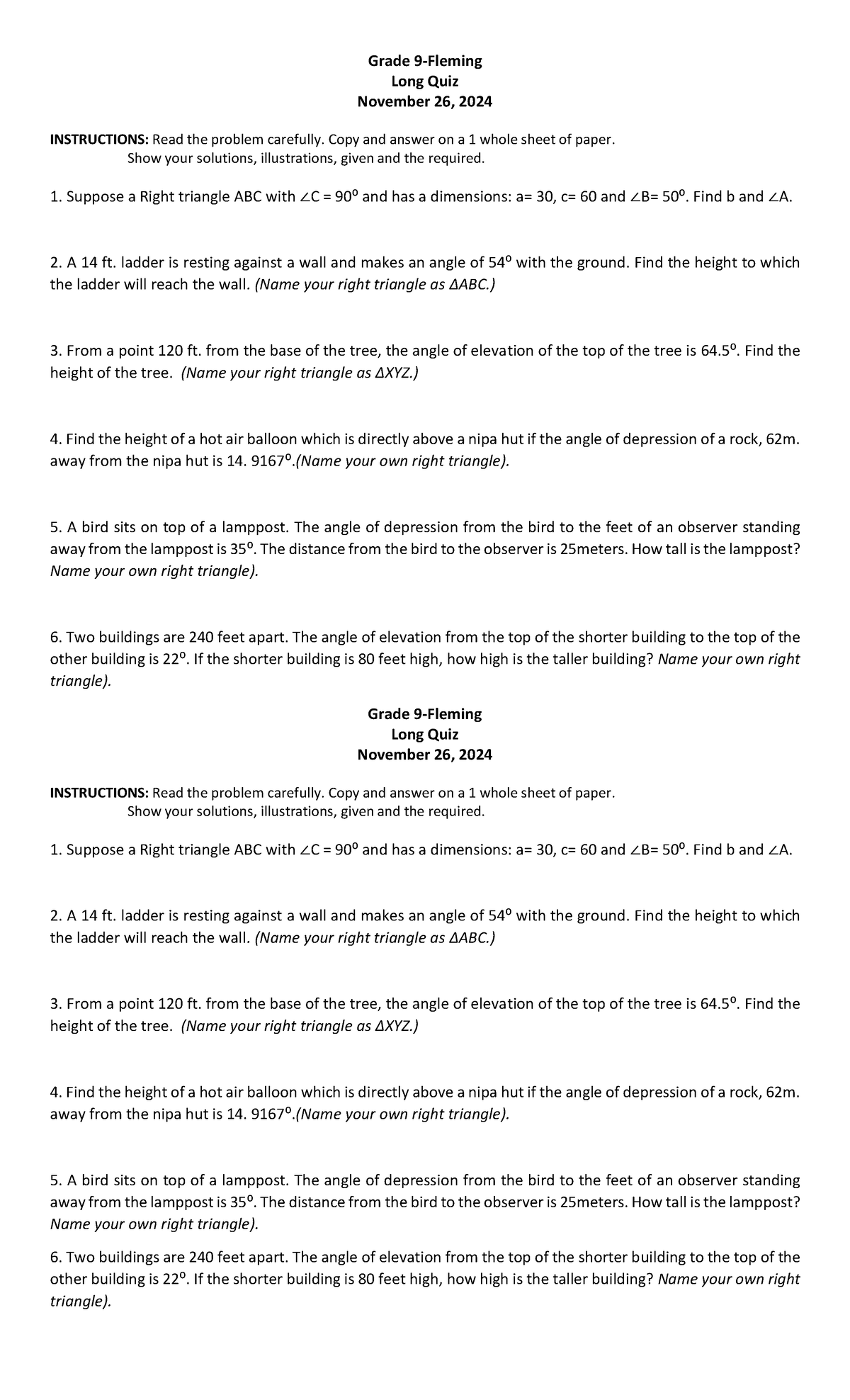 Grade 9 Trigonometry Quiz - Right Triangle Problems and Solutions - Studocu
