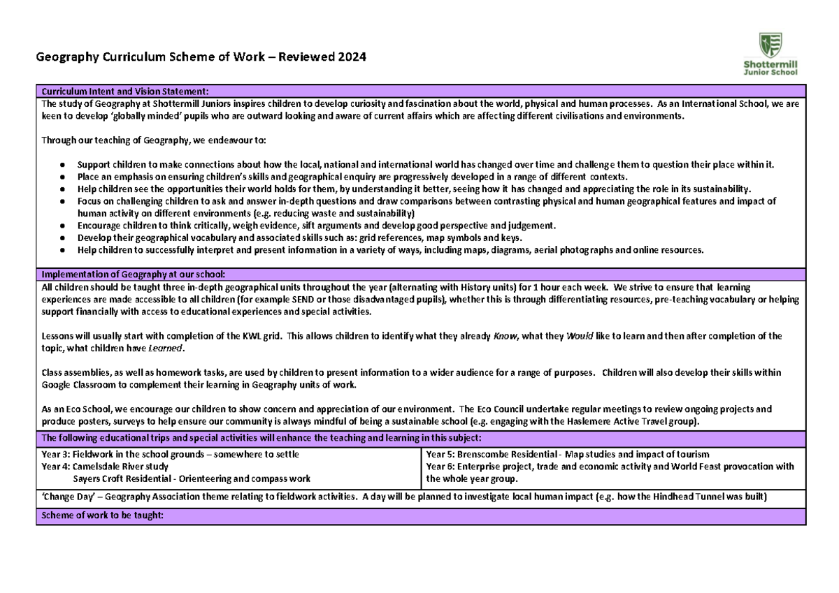 Geography Curriculum Scheme of Work 24 - As an International School, we ...