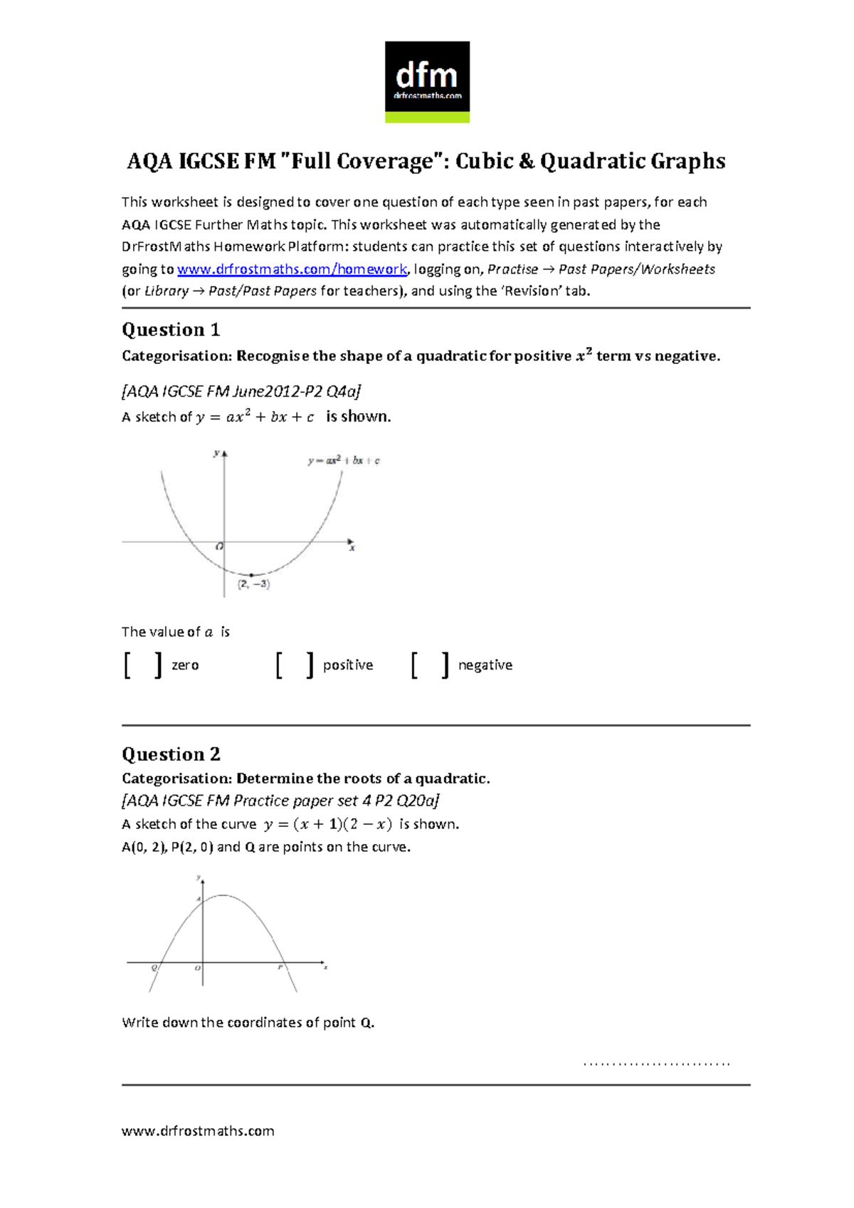 AQA IGCSE FM Cubic & Quadratic Graphs Practice Worksheet - Studocu
