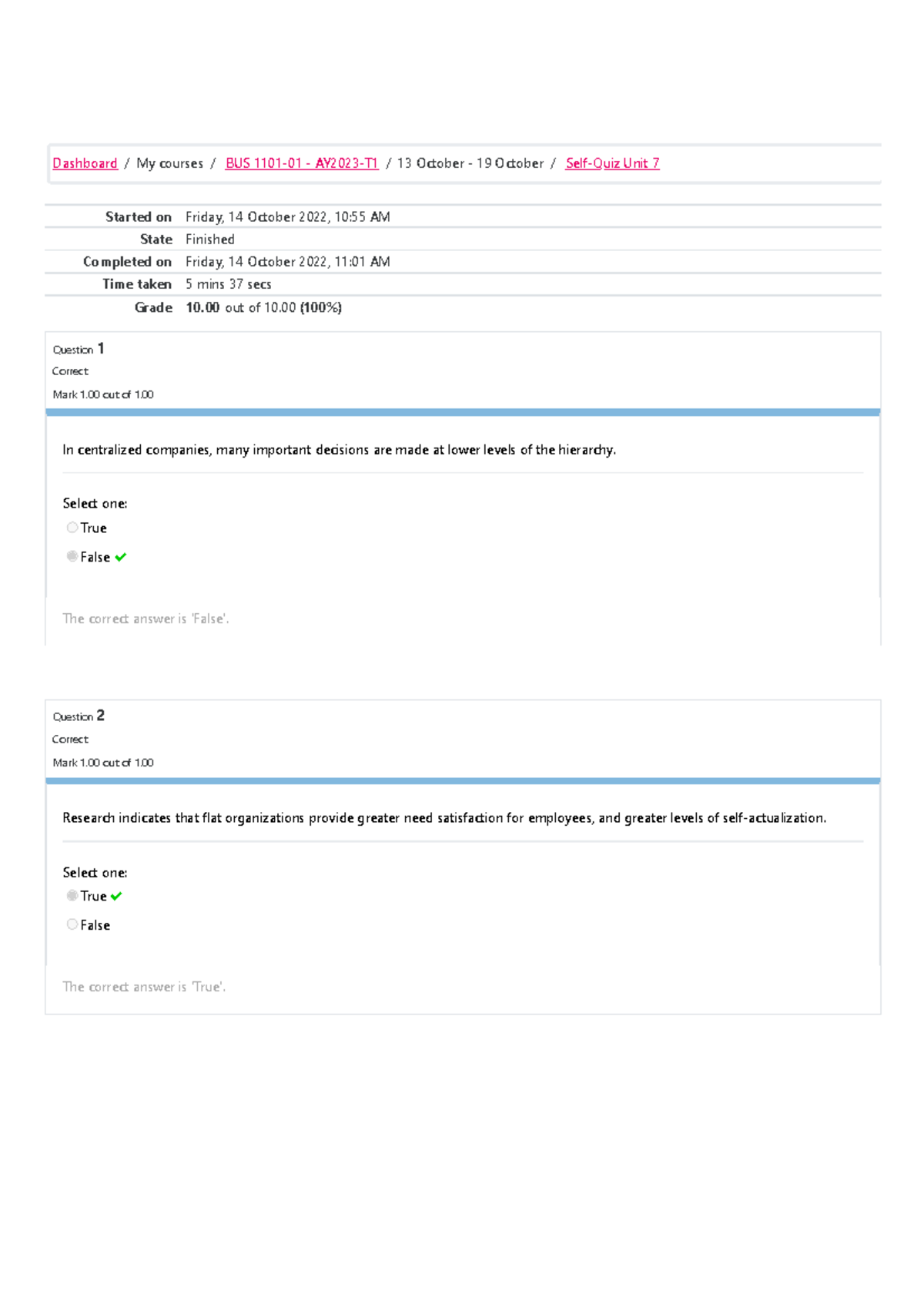 BUS1101 - Self-Quiz Unit 7 Attempt 1 review 100% - Started on Friday ...
