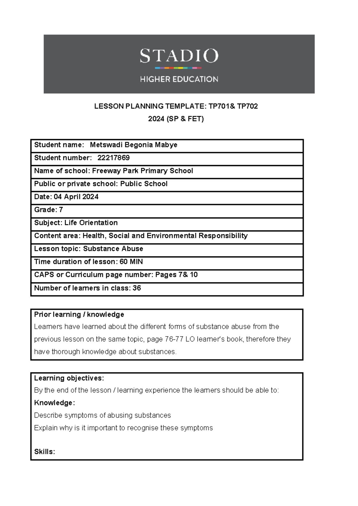 TP701 SS1 M B Mabye 22217869 final - LESSON PLANNING TEMPLATE: TP701 ...