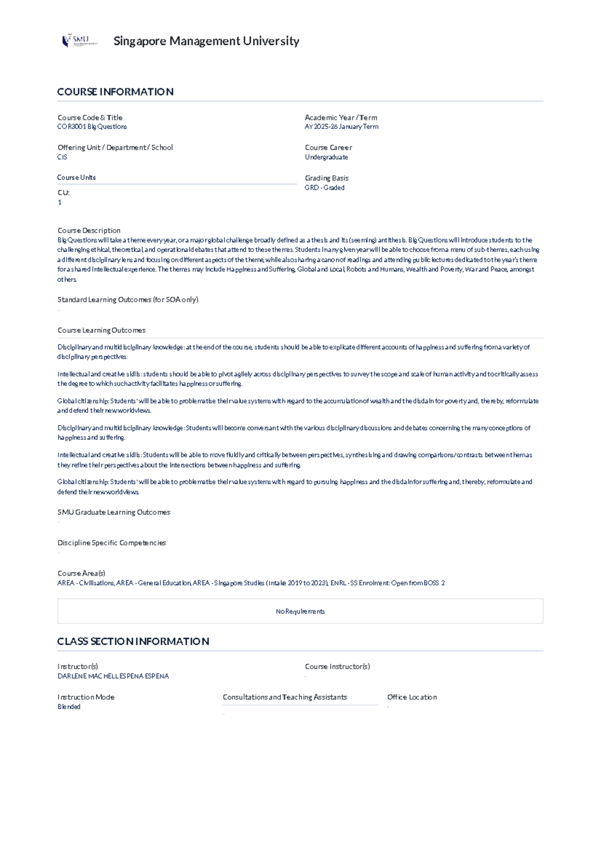 COR3001 - Big Questions Course Outline for January Term - Studocu