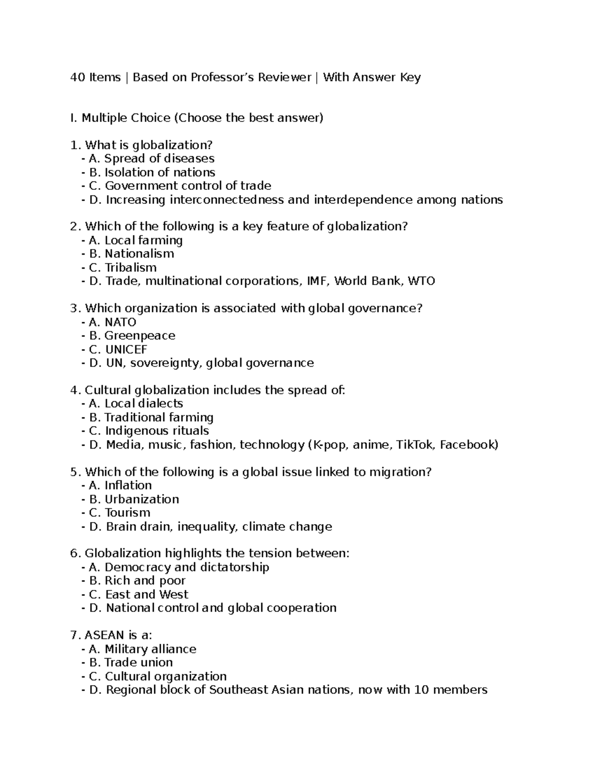 CW Reviewer - Contemporary World: 40 MCQs with Answer Key - Studocu