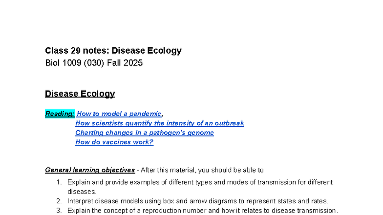 Class 29 Notes: Disease Ecology Insights - BIOL 1009 (030) Fall 2025 ...