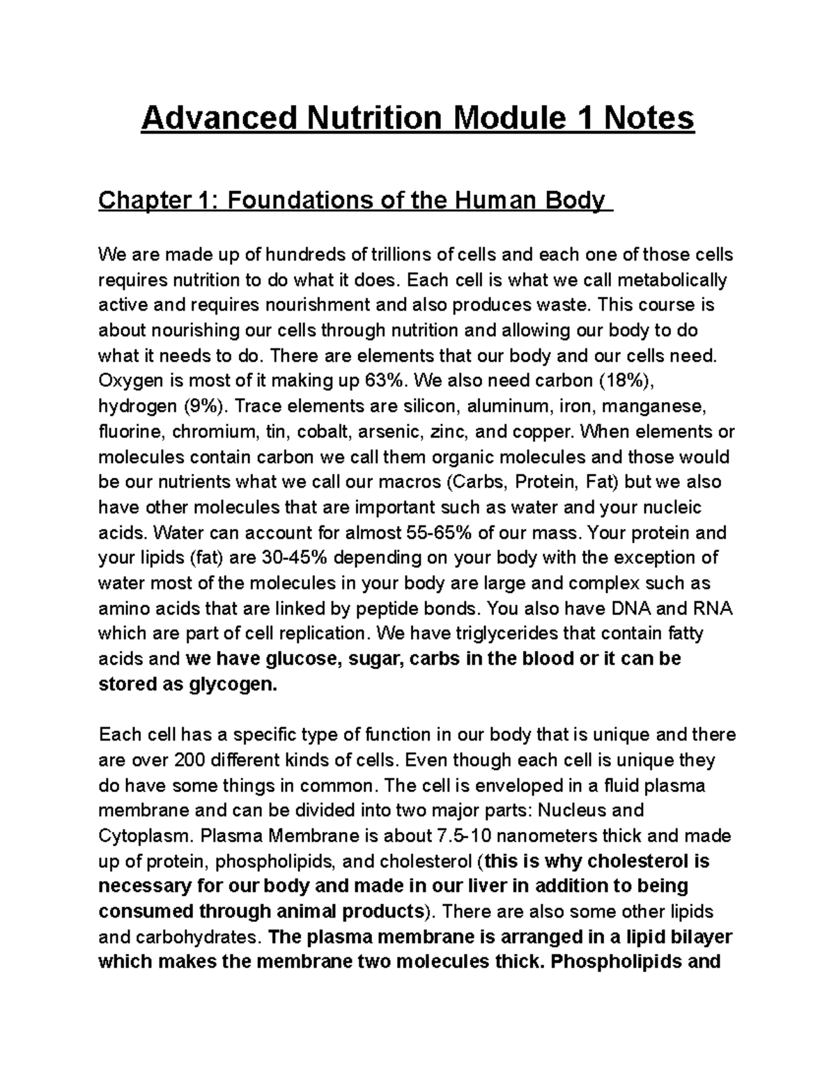 Advanced Nutrition Module 1 Lecture Notes: Cell Functions & Digestion ...