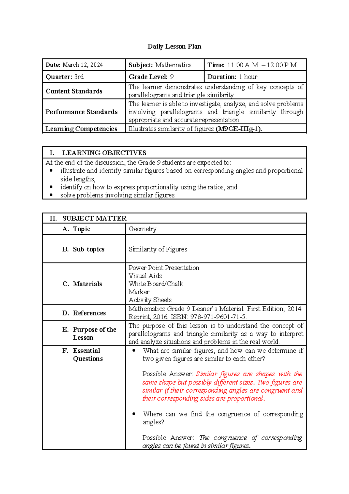 Mathematics 9 - 3rd Quarter Daily Lesson Plan: Similarity of Figures ...