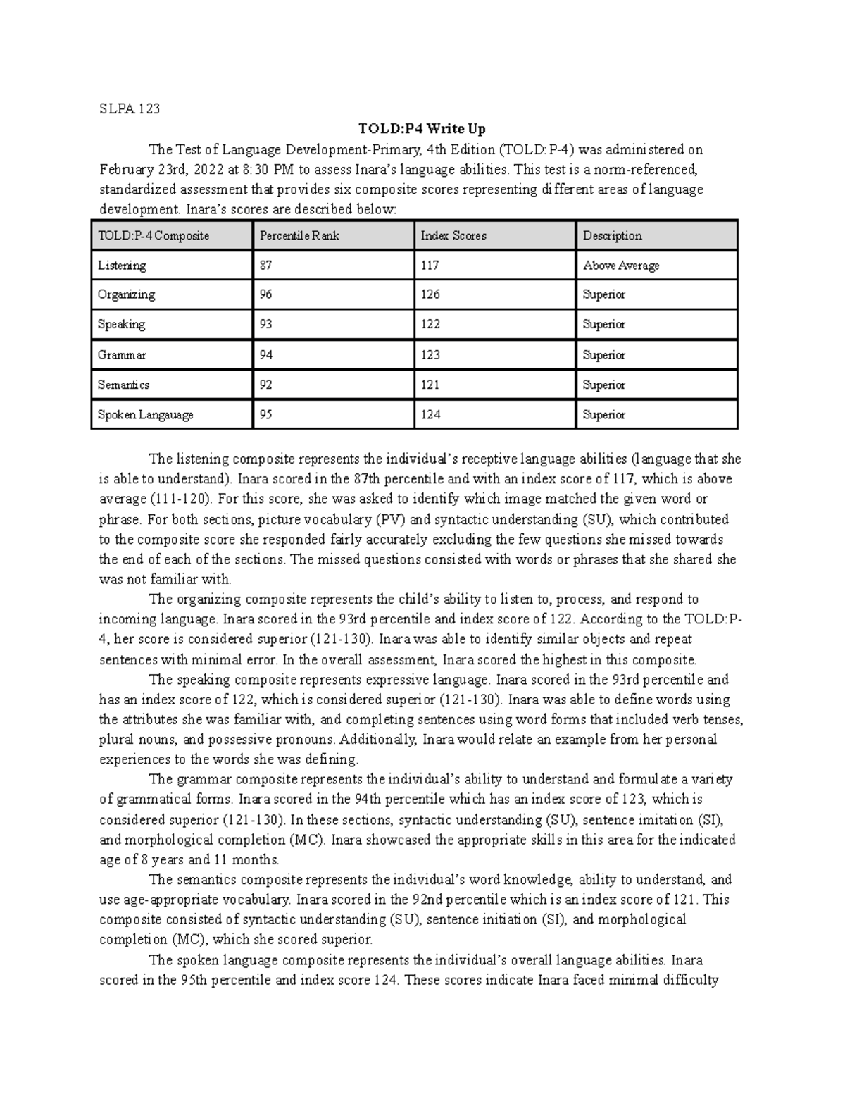 SLPA 123 TOLD:P4 Write Up - Language Development Assessment Report ...