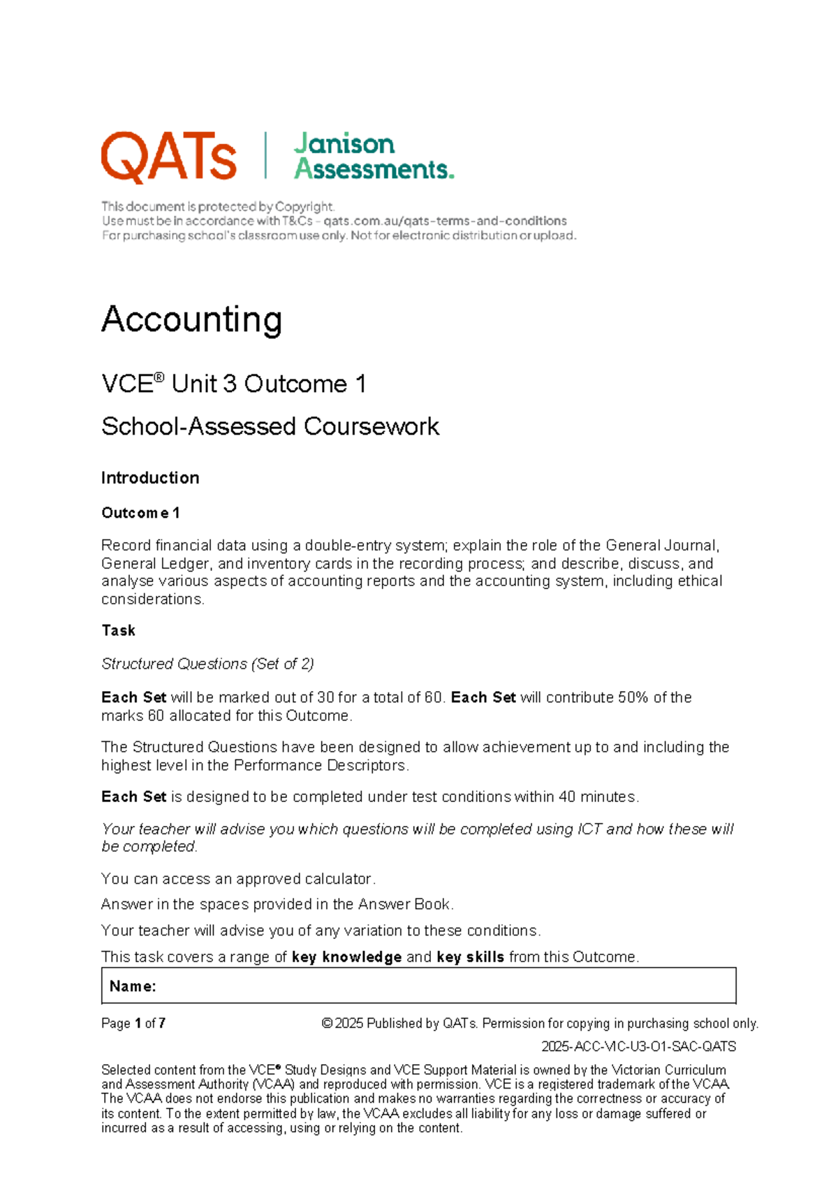VCE Accounting Unit 3 Outcome 1 Coursework Solutions 2025 - Studocu