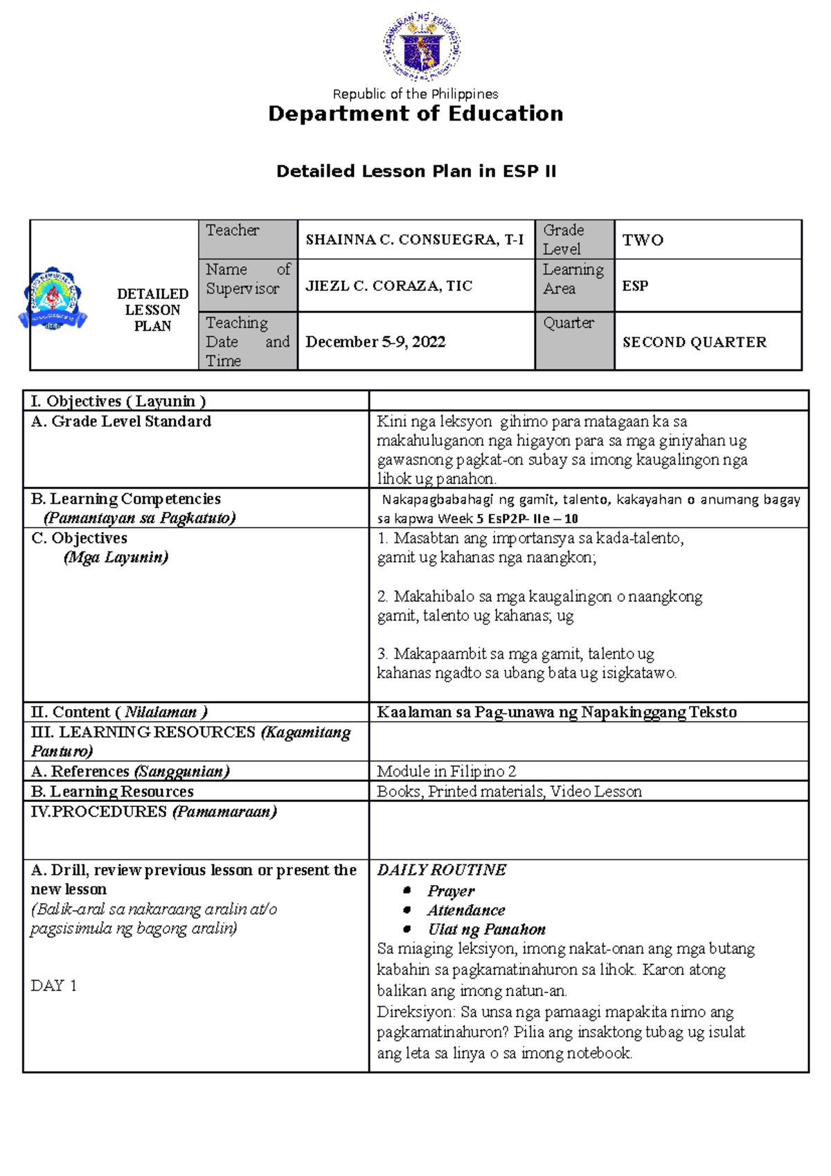 ESP2-DLP WEEK 1 - Detailed Lesson Plan for ESP II - Studocu