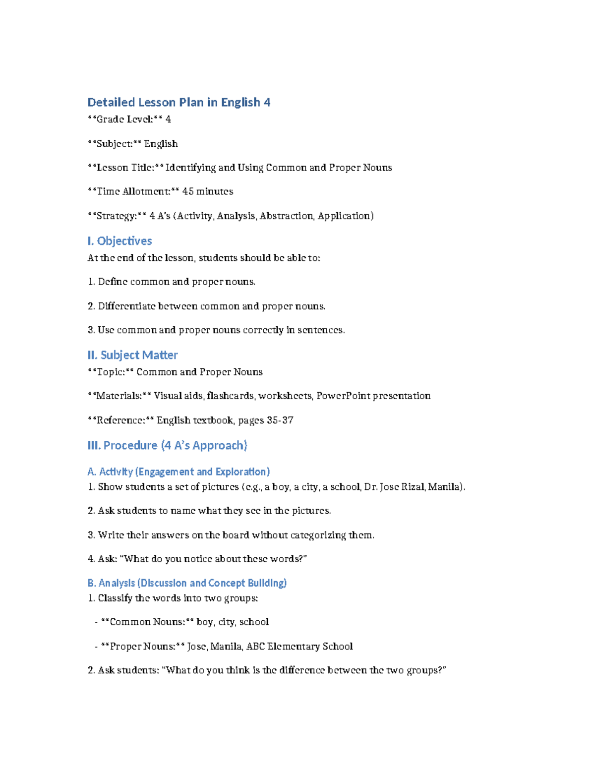Detailed Lesson Plan: Common & Proper Nouns for English 4 - Studocu