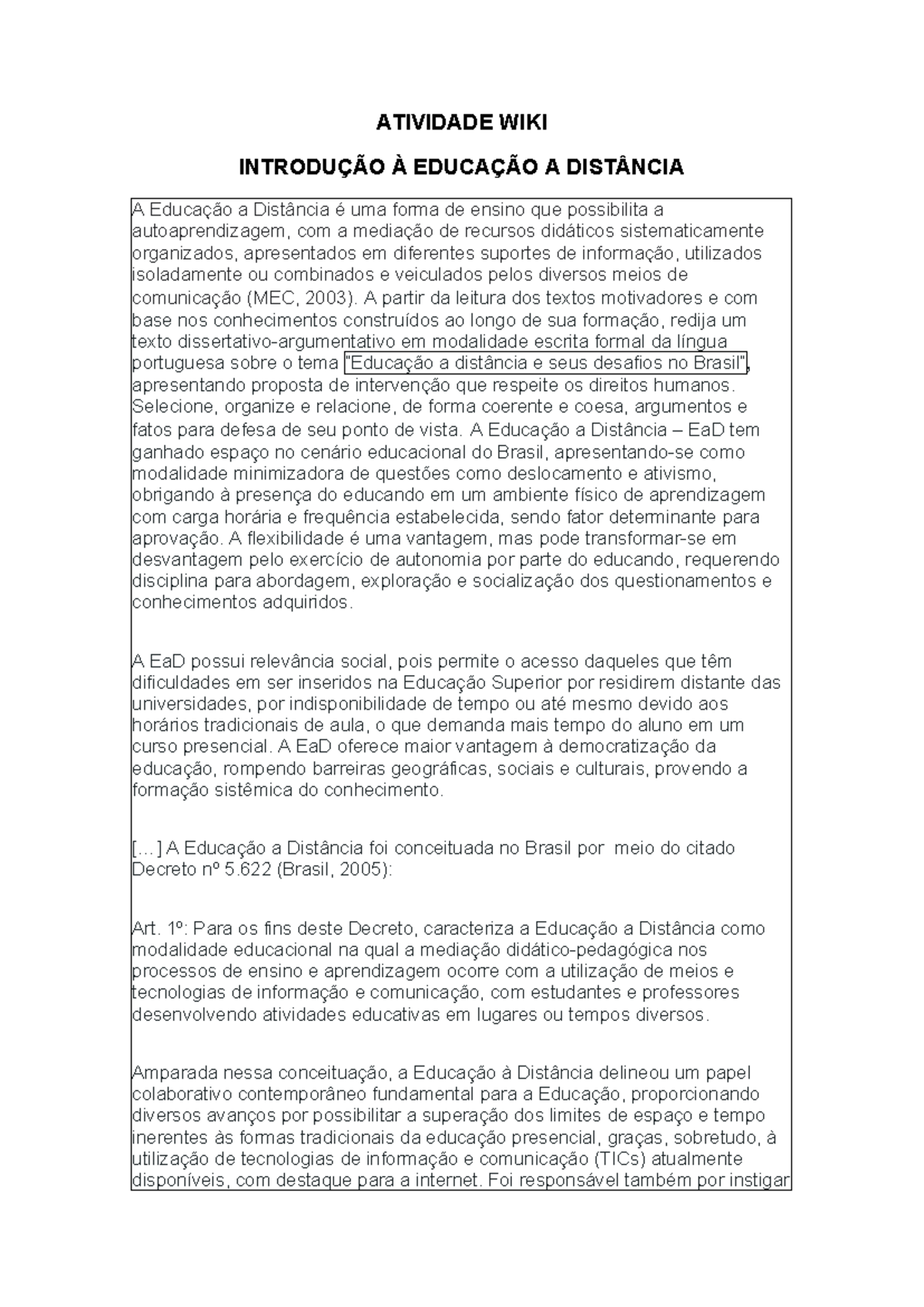 ATIVIDADE WIKI: DESAFIOS E PROPOSTAS NA EDUCAÇÃO A DISTÂNCIA - Studocu