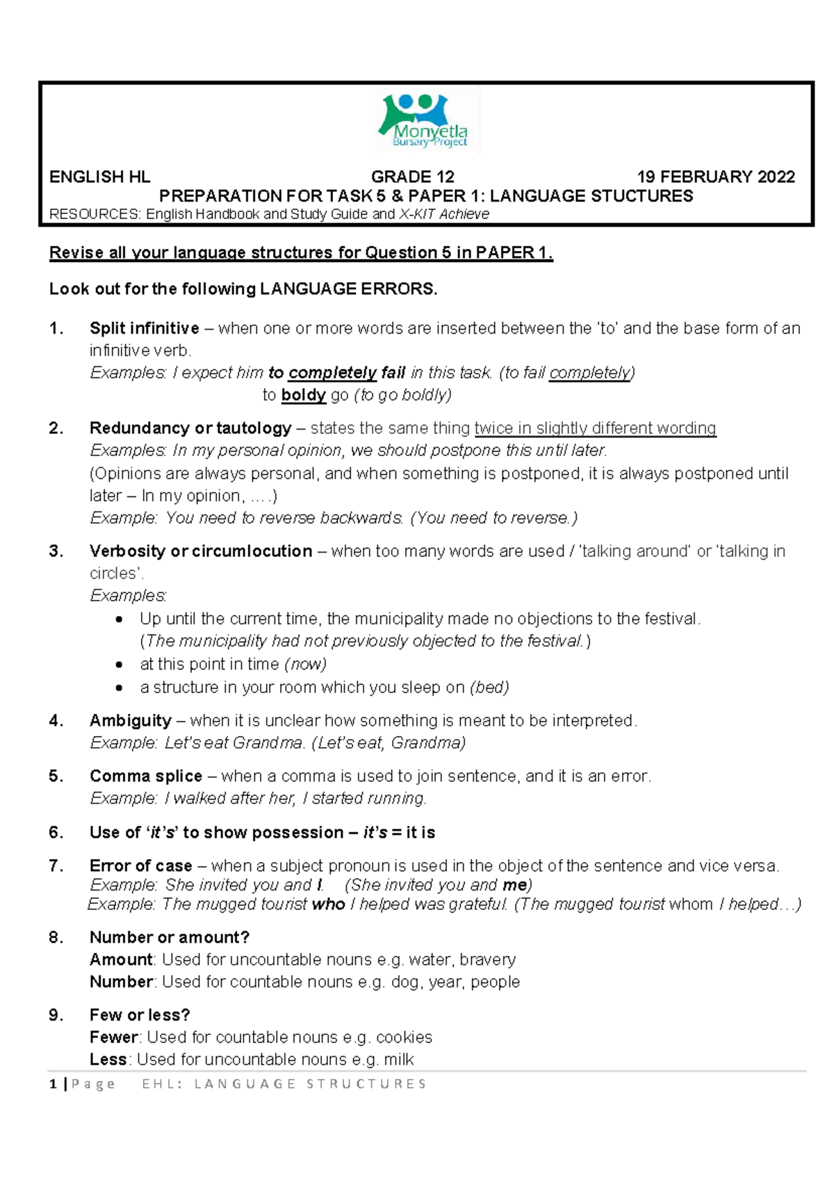 ENGLISH HL GRADE 12 LANGUAGE STRUCTURES PREPARATION FOR TASK 5 - Studocu