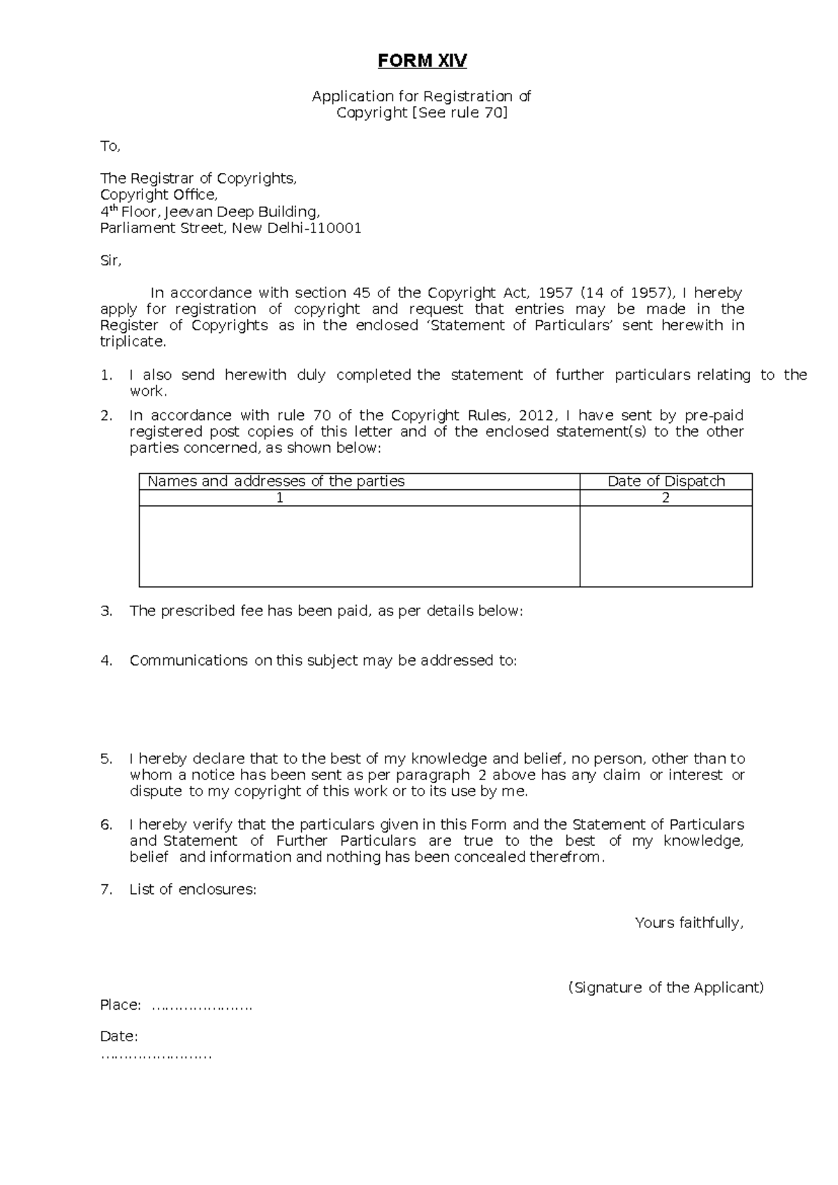 Form XIV: Application for Copyright Registration - Studocu