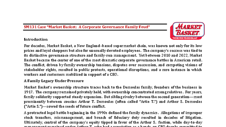 Final Exam Case Study: Market Basket's Governance Feud - SM131 - Studocu