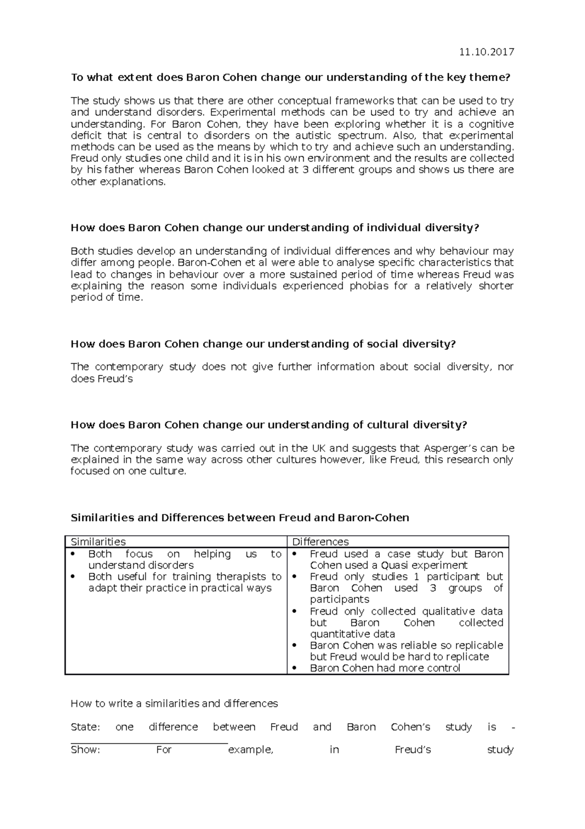 Psychology Component 2: Lesson Notes on Baron Cohen vs Freud Analysis ...