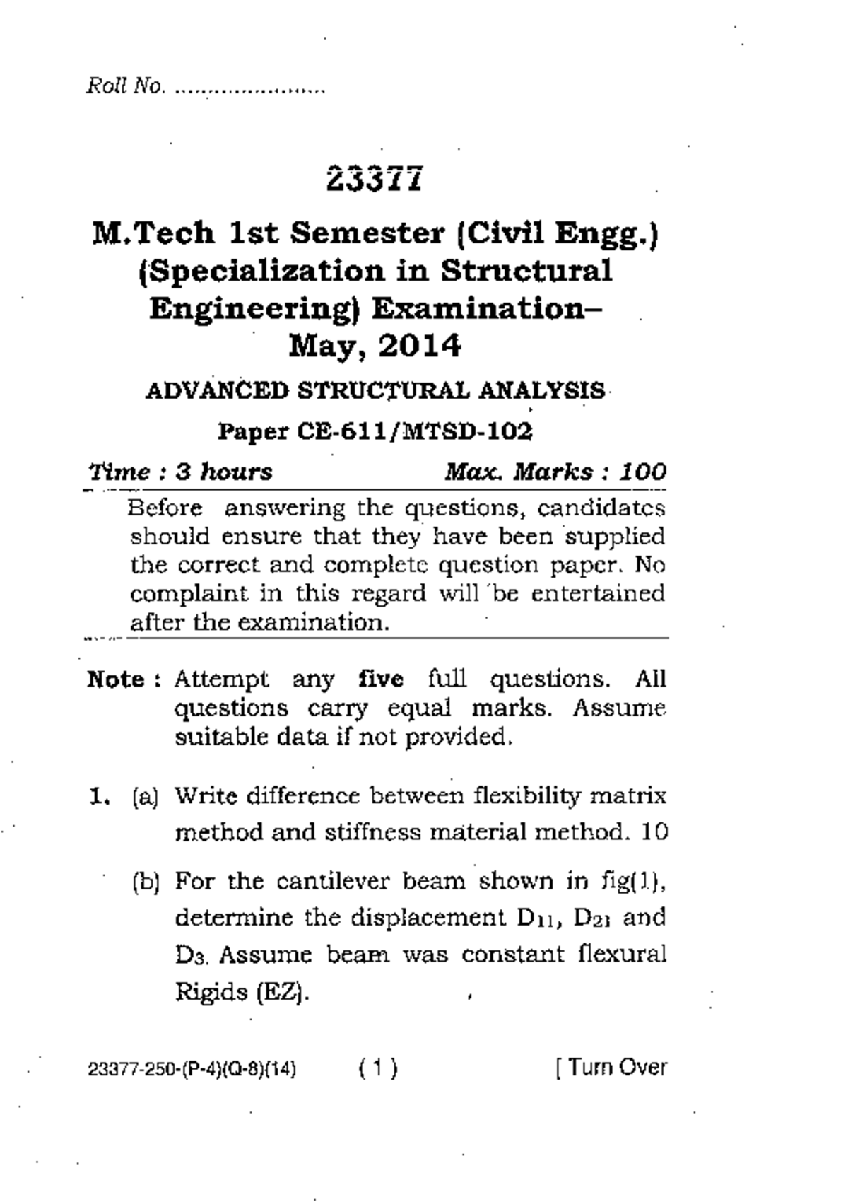 M.TECH 1ST SEM SSE ADVANCED STRUCTURAL ANALYSIS EXAM MAY 2014 - Studocu