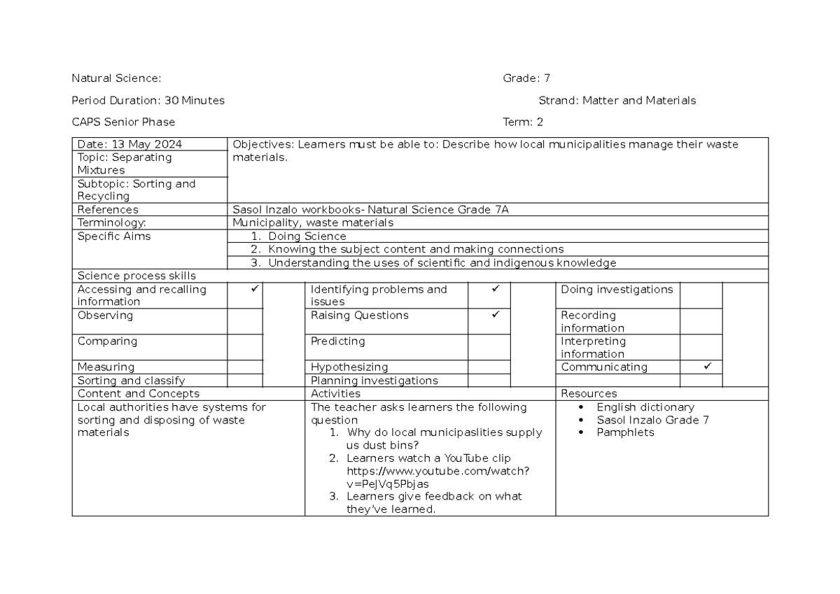 Natural Science Grade 7 Lesson Plan: Waste Management and Recycling ...