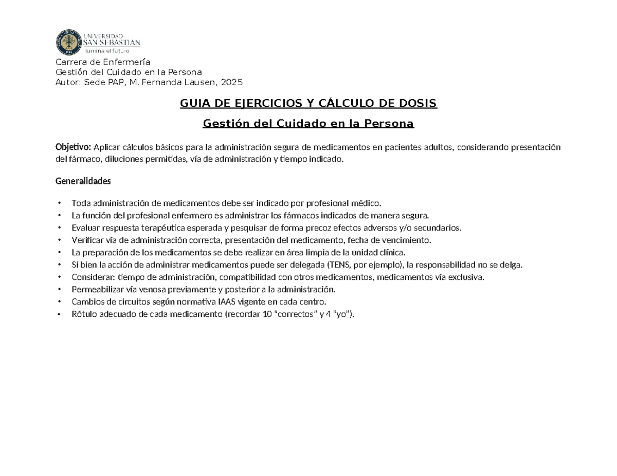 Guía de Ejercicios y Cálculo de Dosis en Enfermería - 2025 - Studocu
