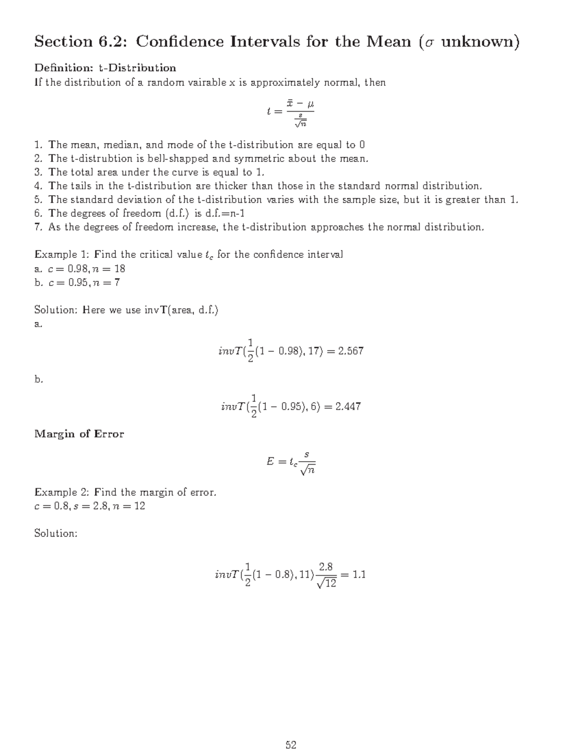 Math 1342 - Section 6.2 - Section 6: Confidence Intervals for the Mean ...