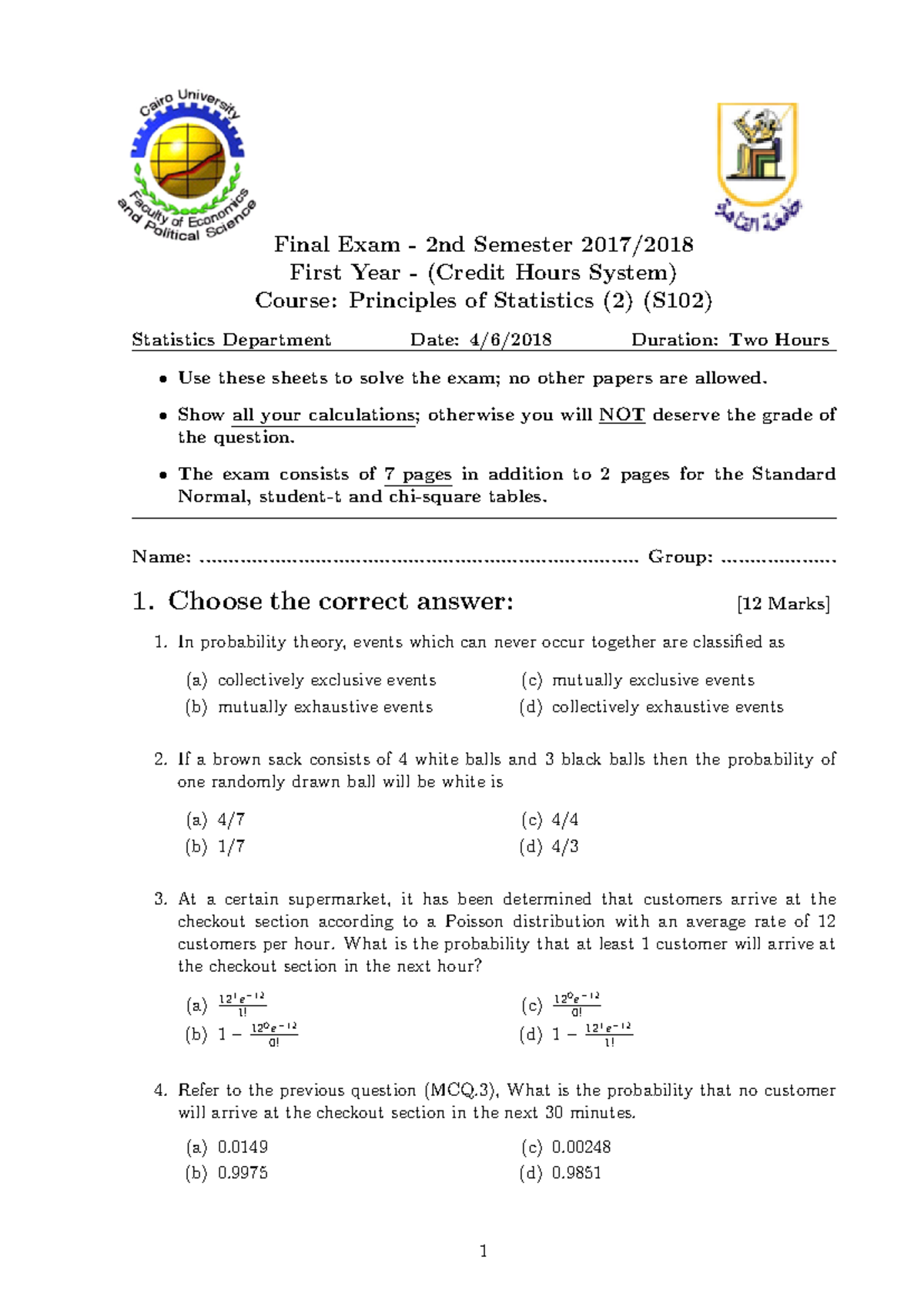 Final Exam - Principles of Statistics (S102) - Cairo University - Studocu