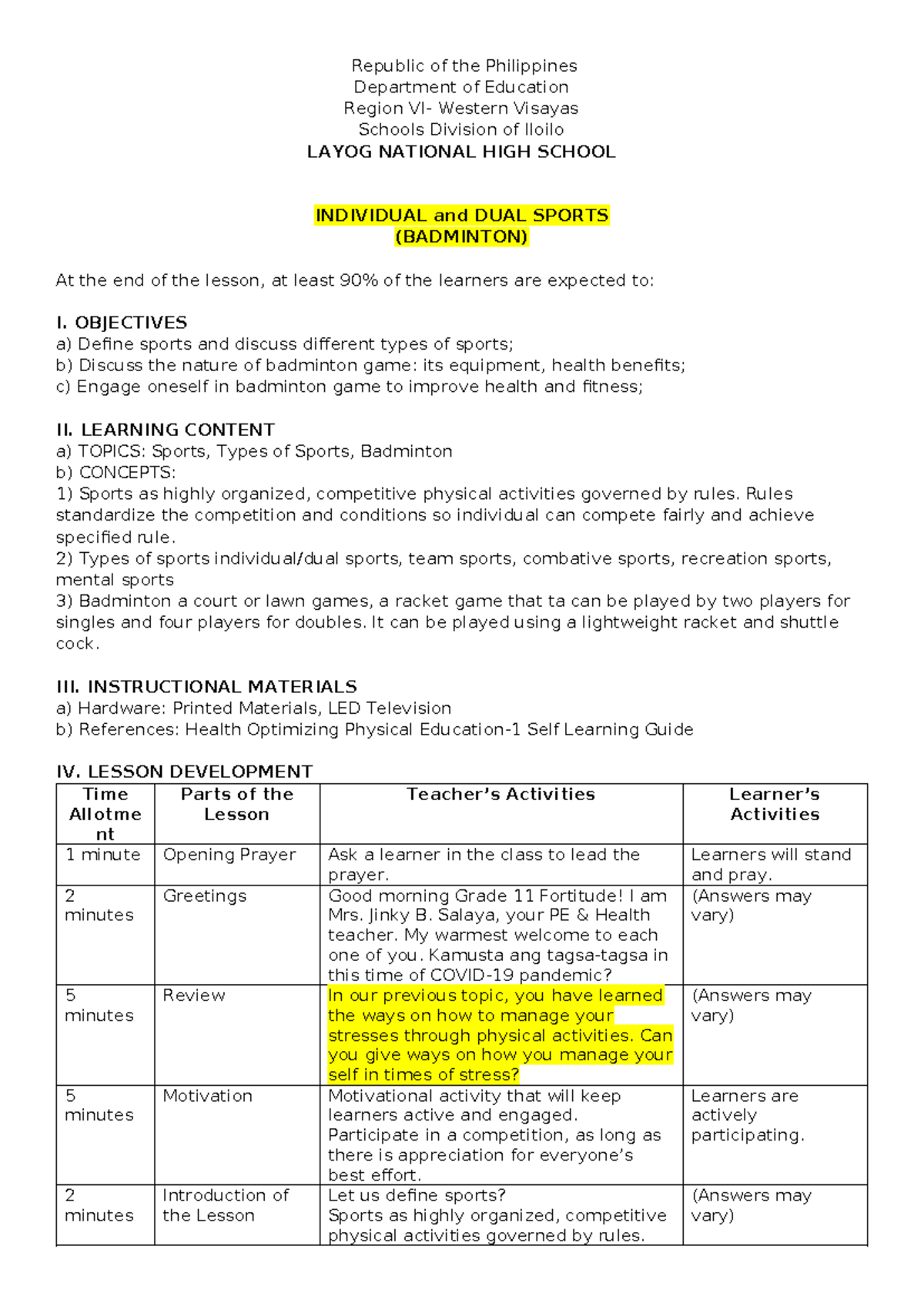 Lesson Plan: Badminton (PE 11) - Individual & Dual Sports - Studocu