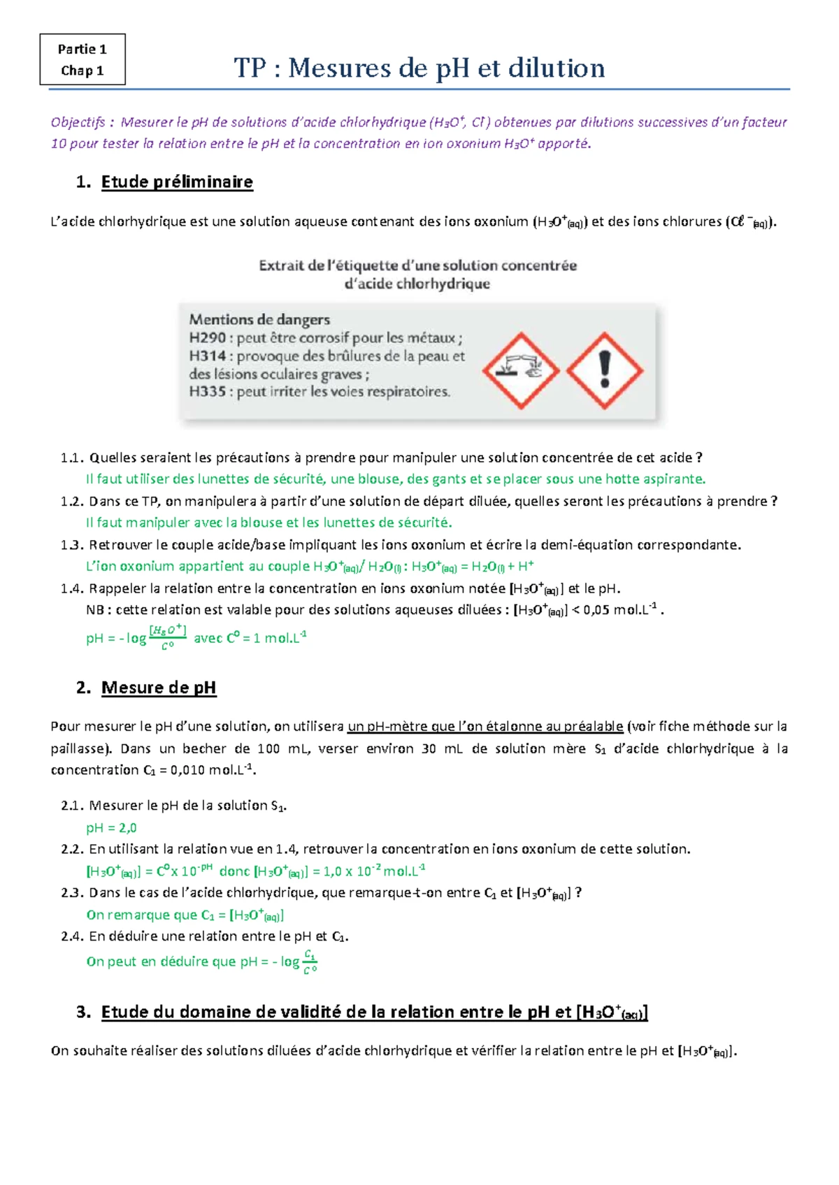 Correction TP influence de la dilution sur le p H - TP : Mesures de pH et dilution Objectifs ...