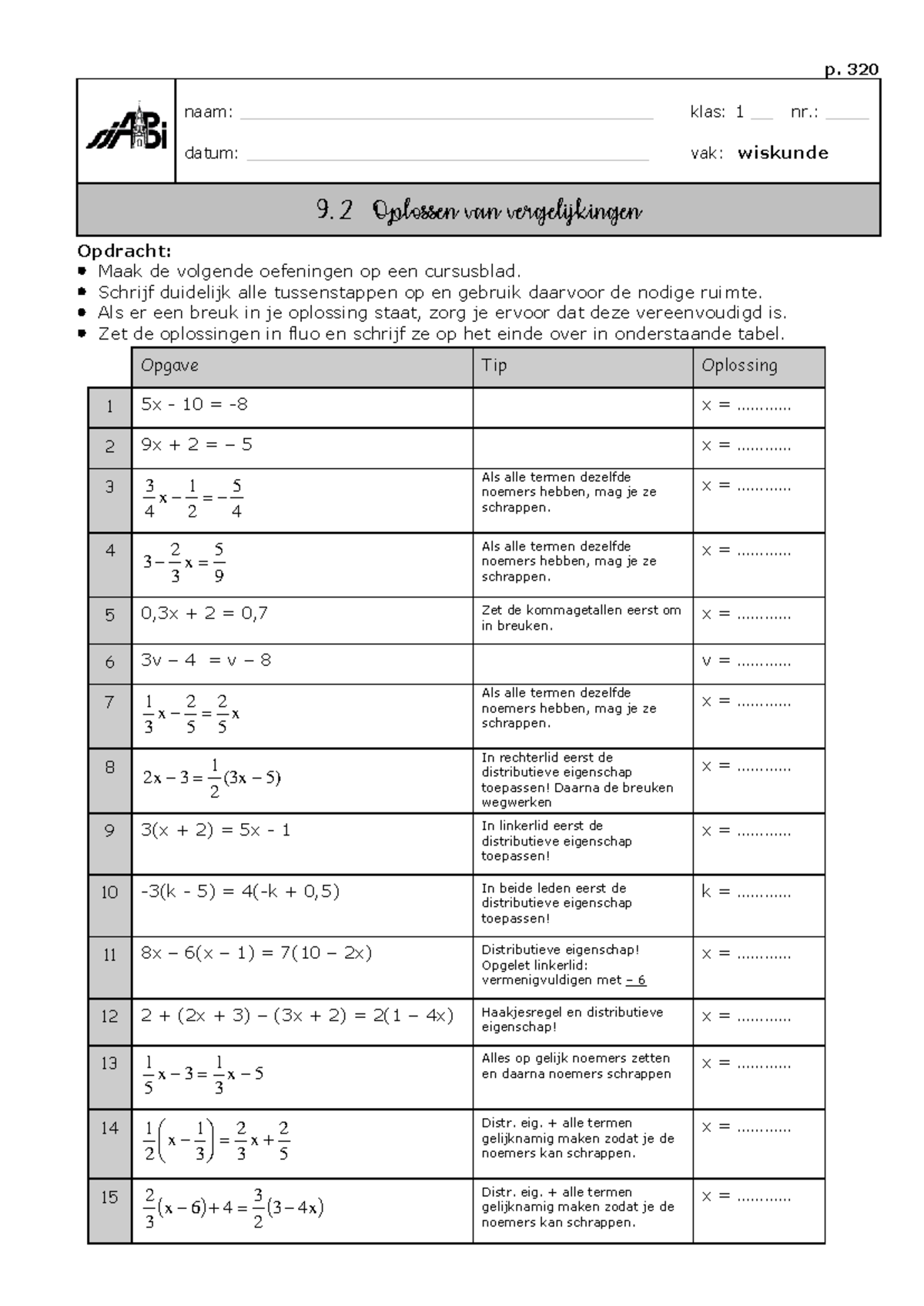 Wiskunde 9.2: Oplossen van Vergelijkingen - Oefeningen en Tussenstappen ...