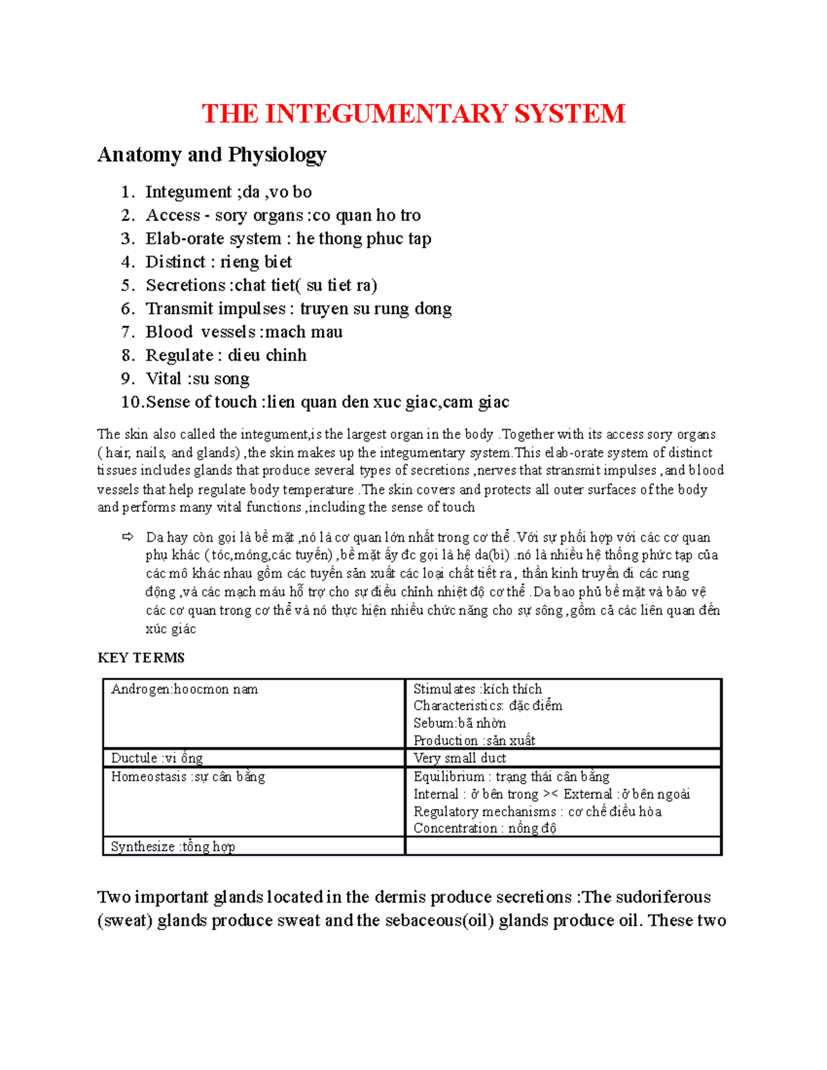 Integumentary System Overview: Anatomy, Functions, and Key Terms - Studocu
