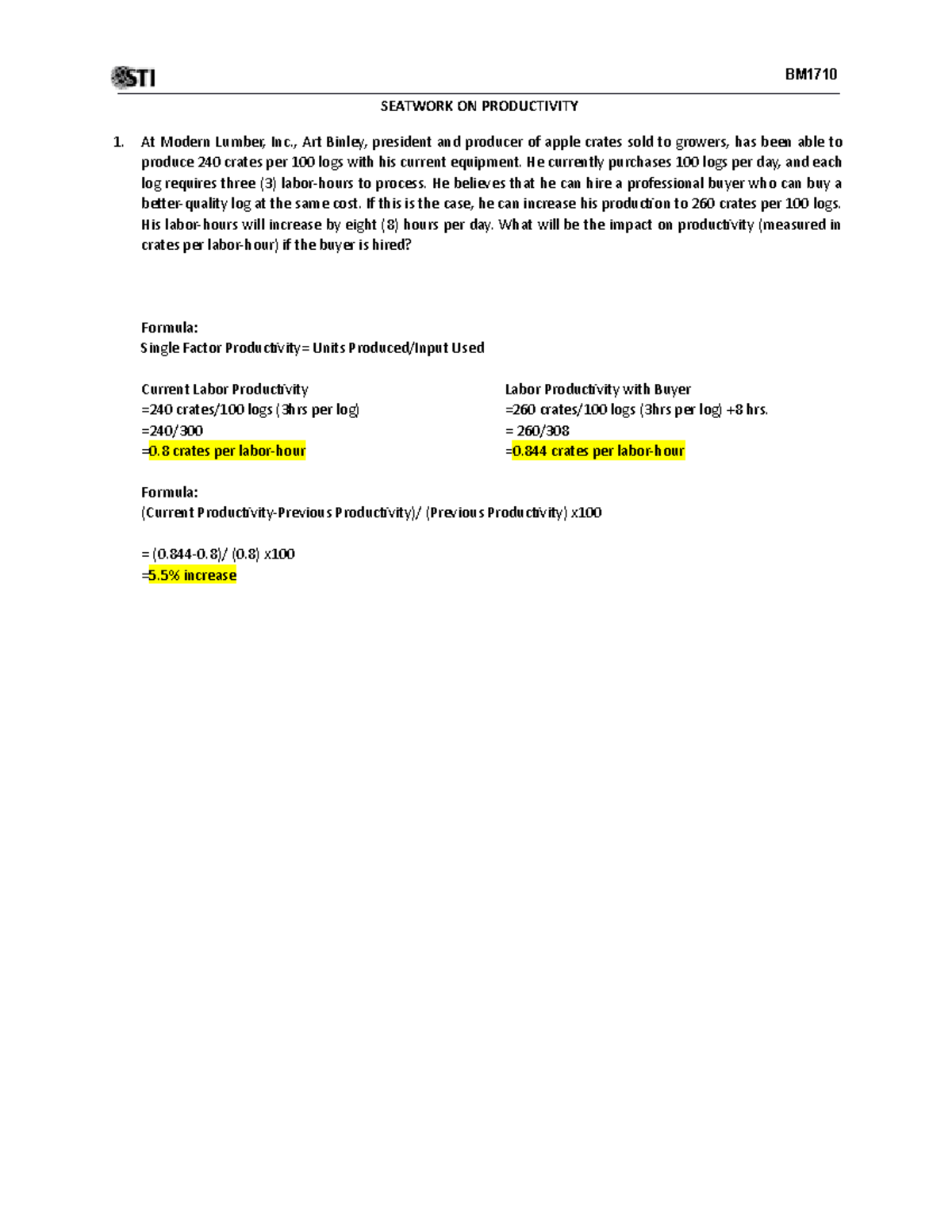 BM SEATWORK ON PRODUCTIVITY - Activity 1(11) - 1ST Grade - Studocu