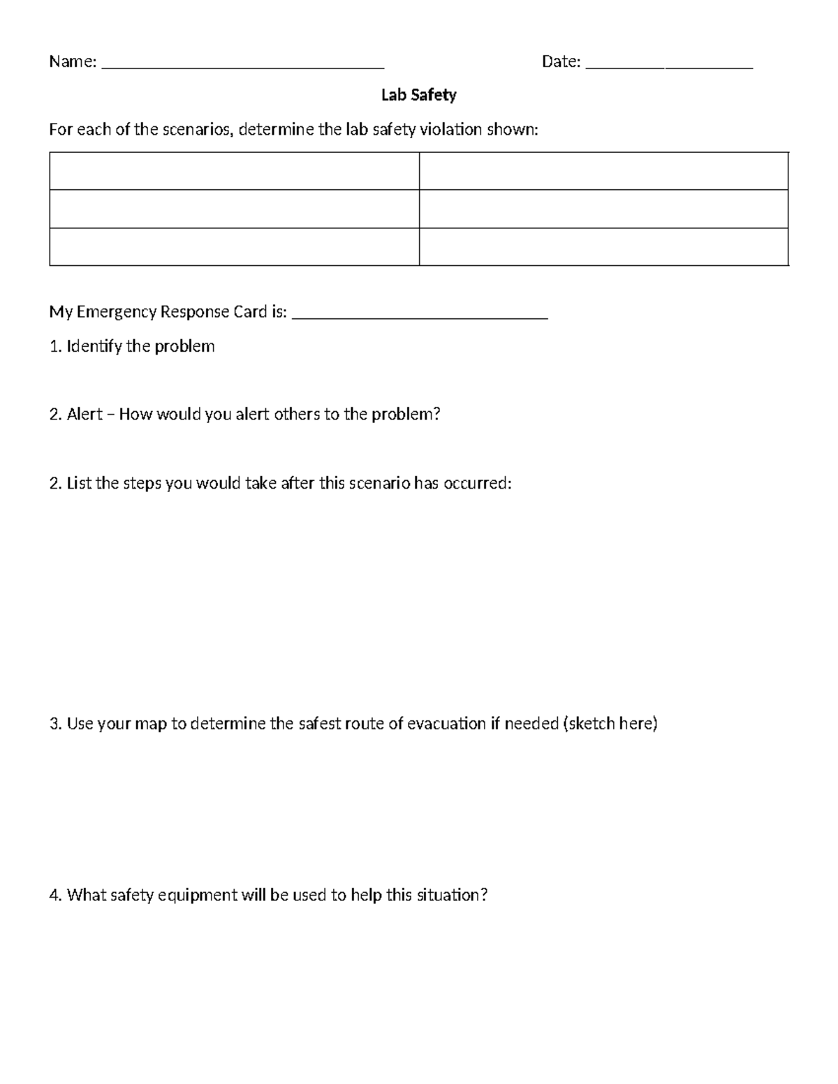 Lab Safety Worksheet: Identifying Violations and Emergency Response ...