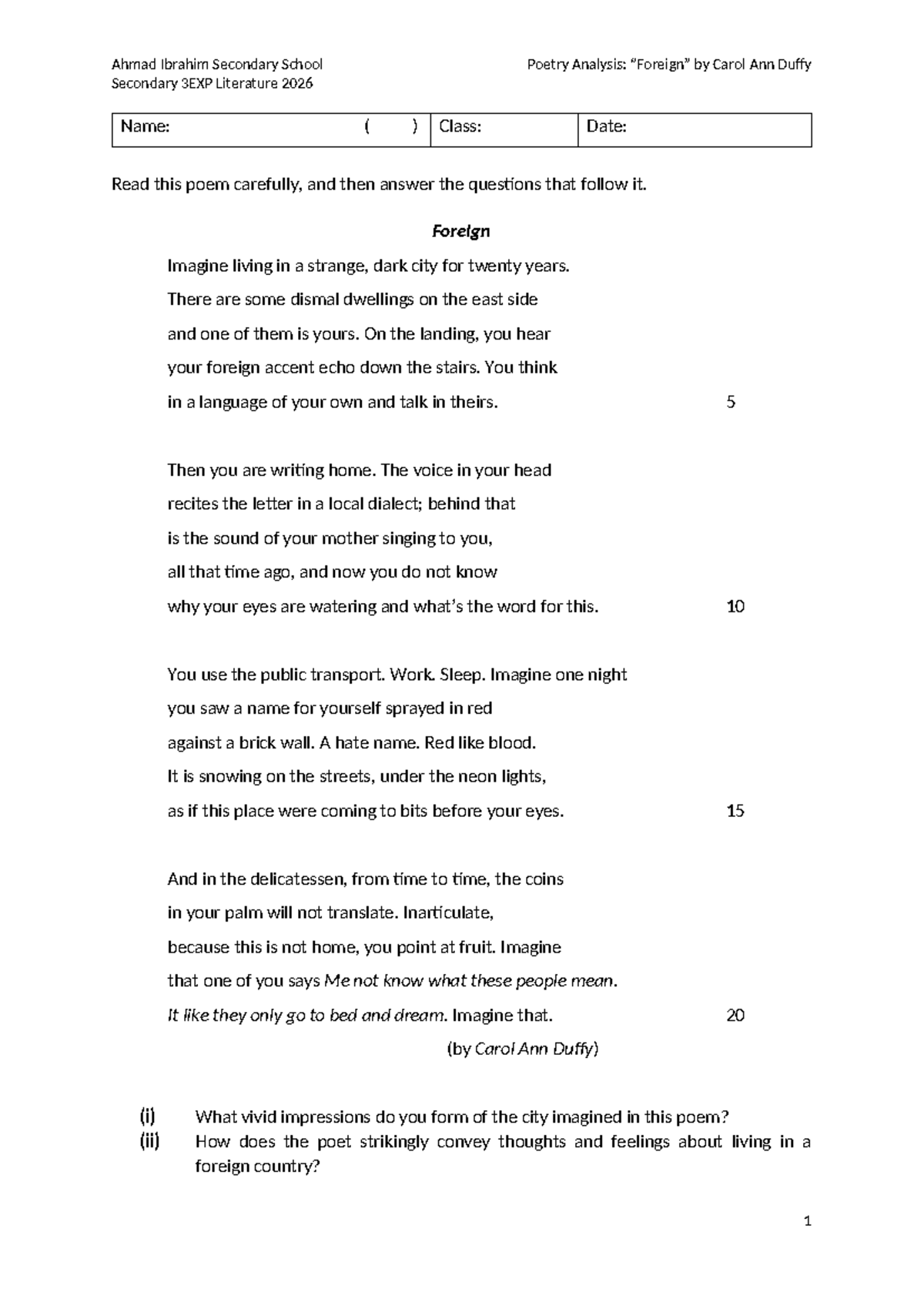 Poetry Analysis: Carol Ann Duffy - Foreign (Secondary 3EXP) - Studocu