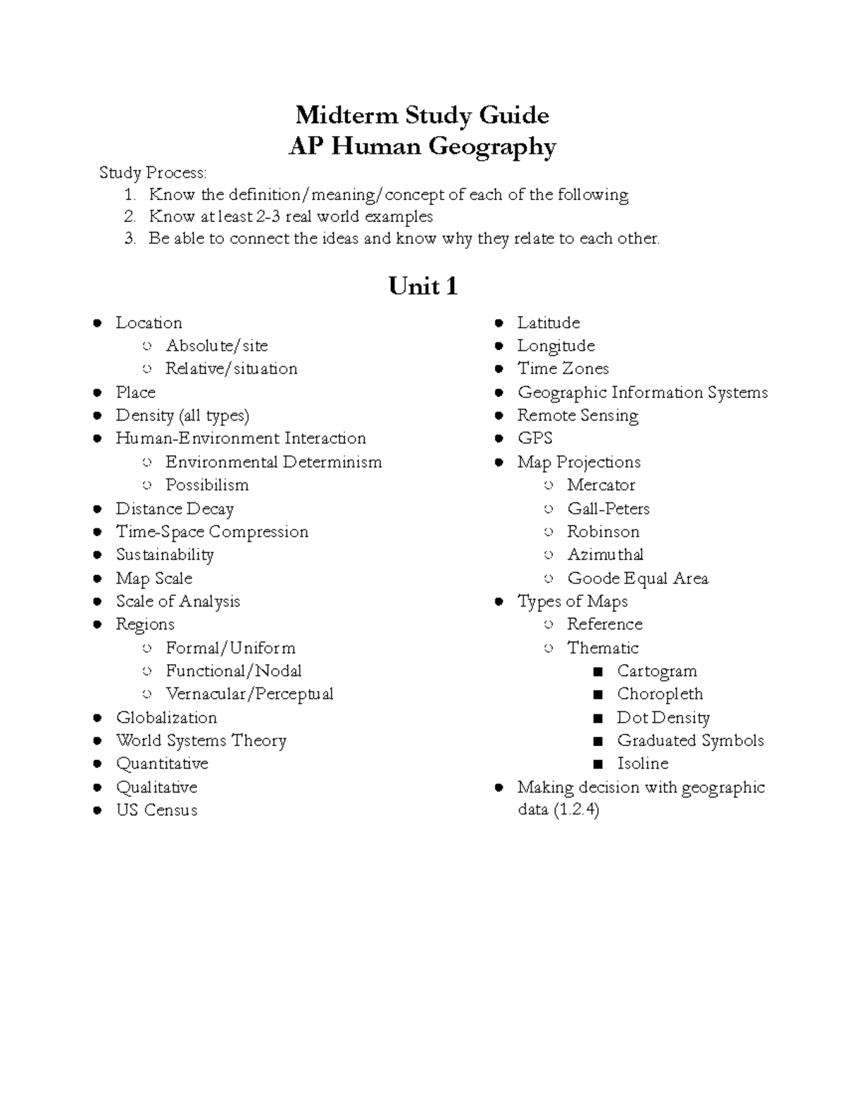 Midterm Study Guide for AP Human Geography (APHG) - Midterm Study Guide ...