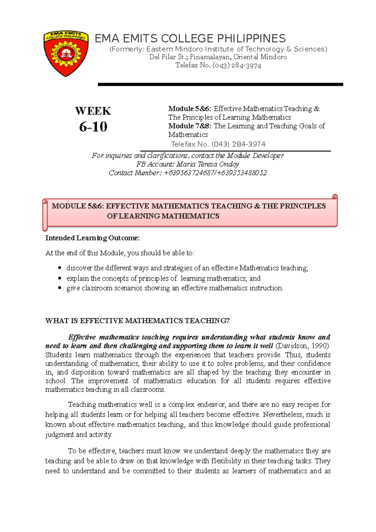 WEEK - week - Module 5&6: Effective Mathematics Teaching & The ...